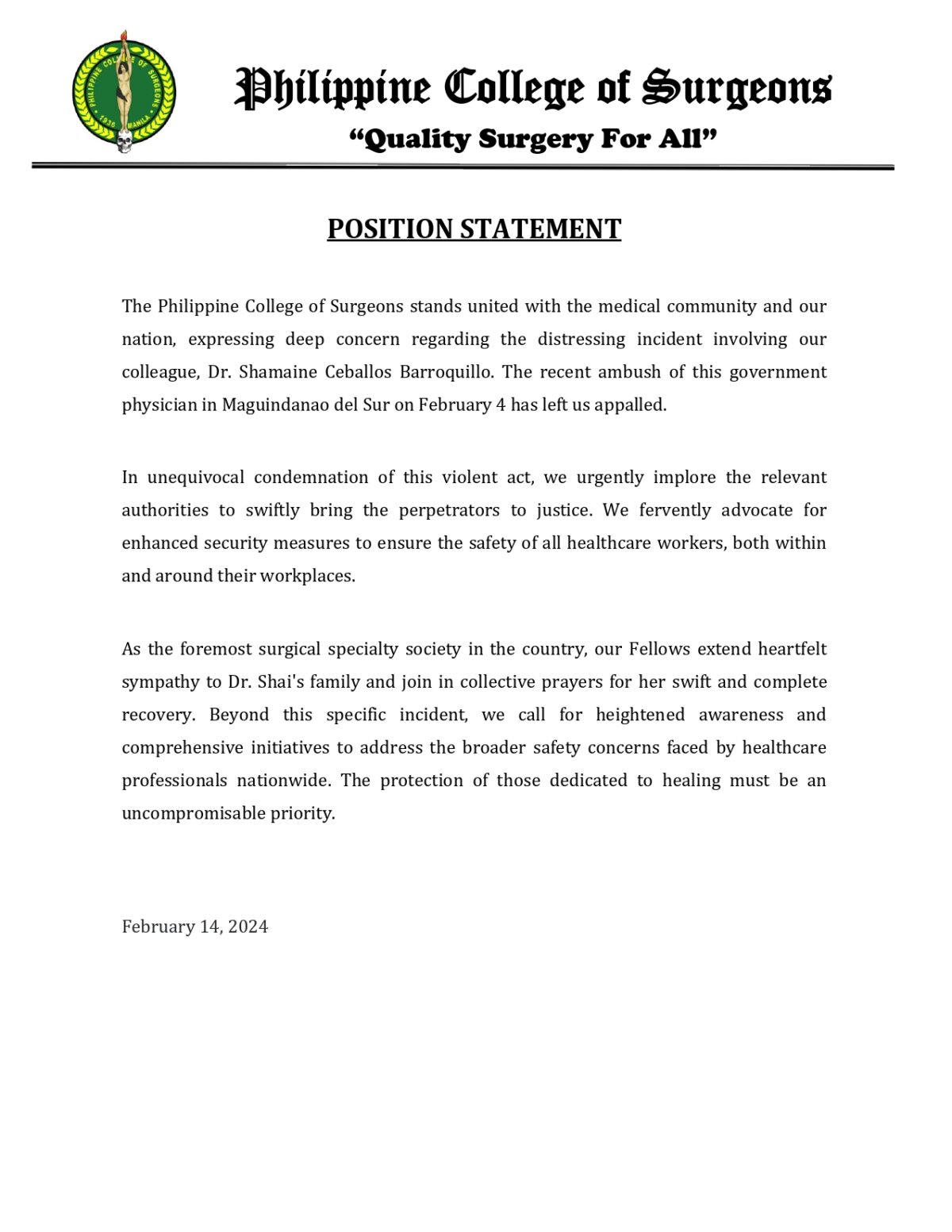 PCS POSITION STATEMENT - Philippine College of Surgeons