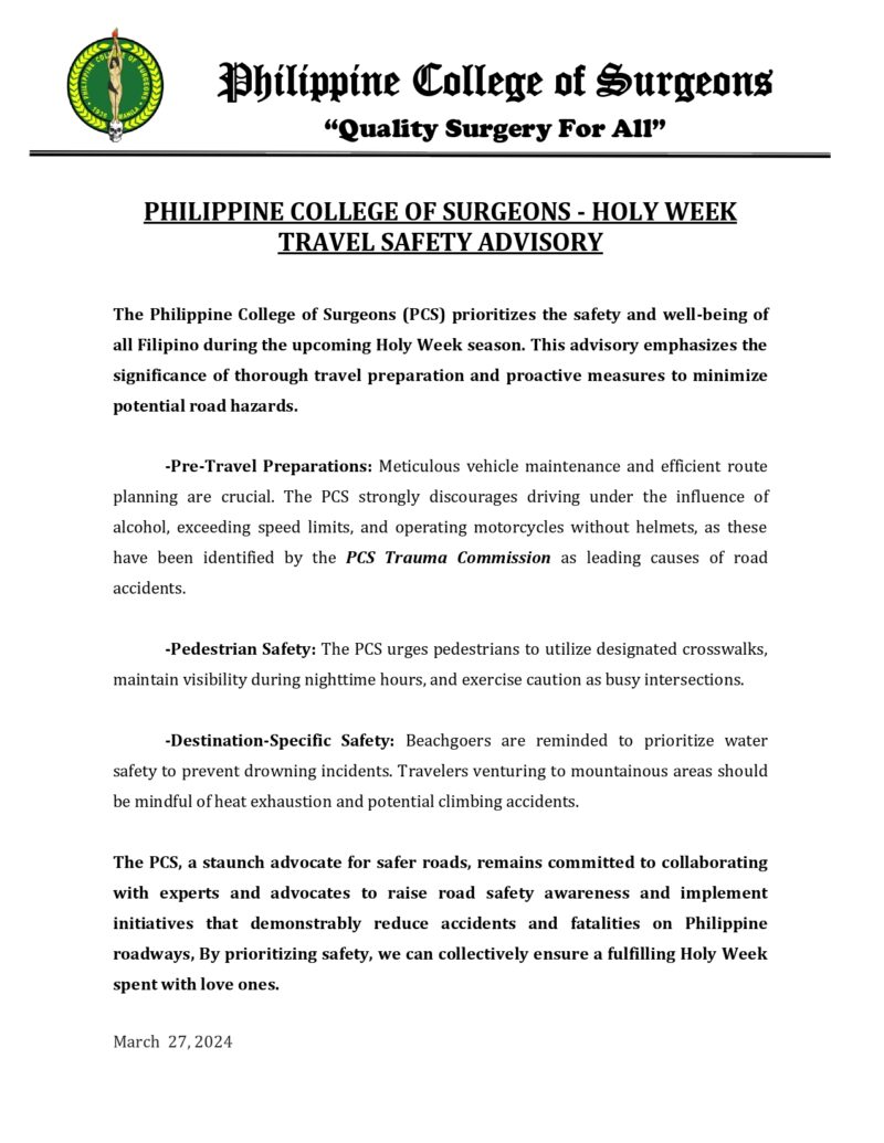PHILIPPINE COLLEGE OF SURGEONS - HOLY WEEK TRAVEL SAFETY ADVISORY ...